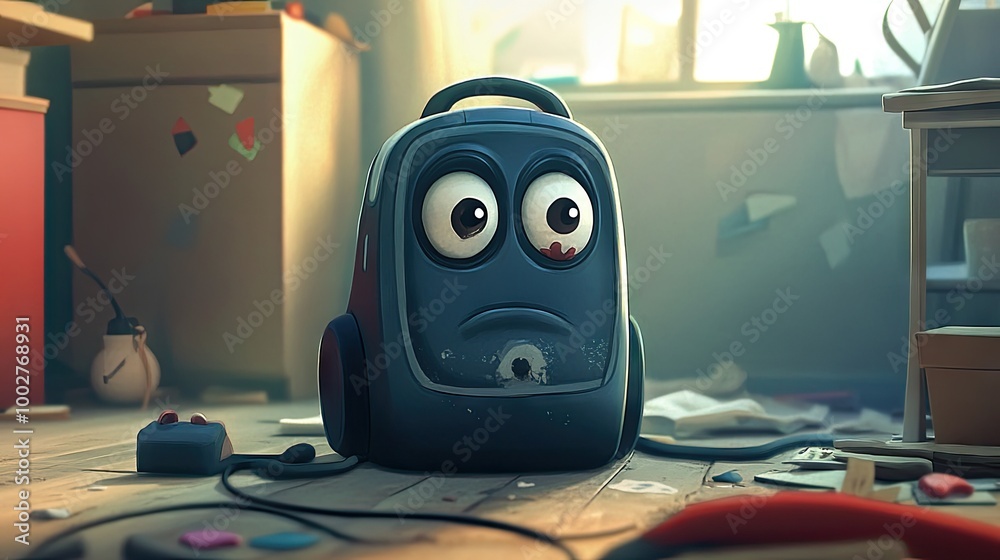 Sad cartoon vacuum cleaner with droopy eyes, sitting unused in a messy ...