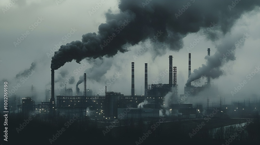 Industrial smog billows from factory chimneys, polluting the air and ...