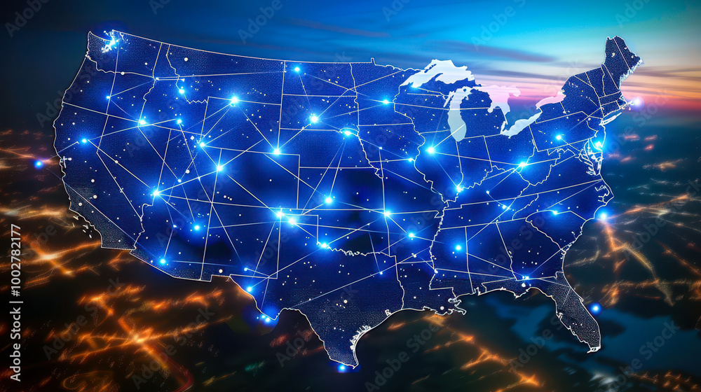 Digital Communication Network Map of United States with Glowing Nodes ... Digital Communication Network Map of United States with Glowing Nodes ...