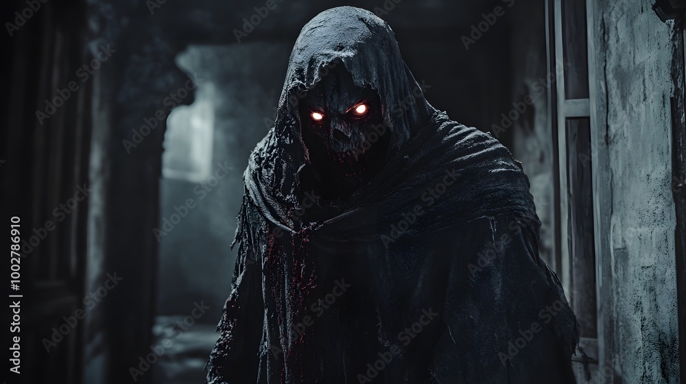 3. A horror figure wearing a torn cloak covered in blood with glowing ...