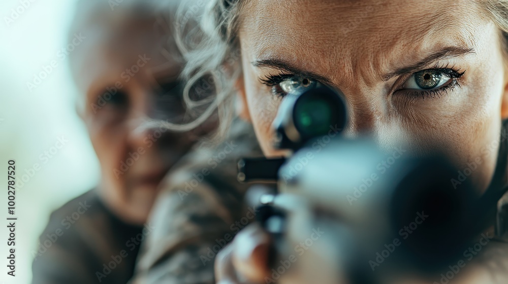 A powerful image depicting a woman aiming a rifle with intense focus ...