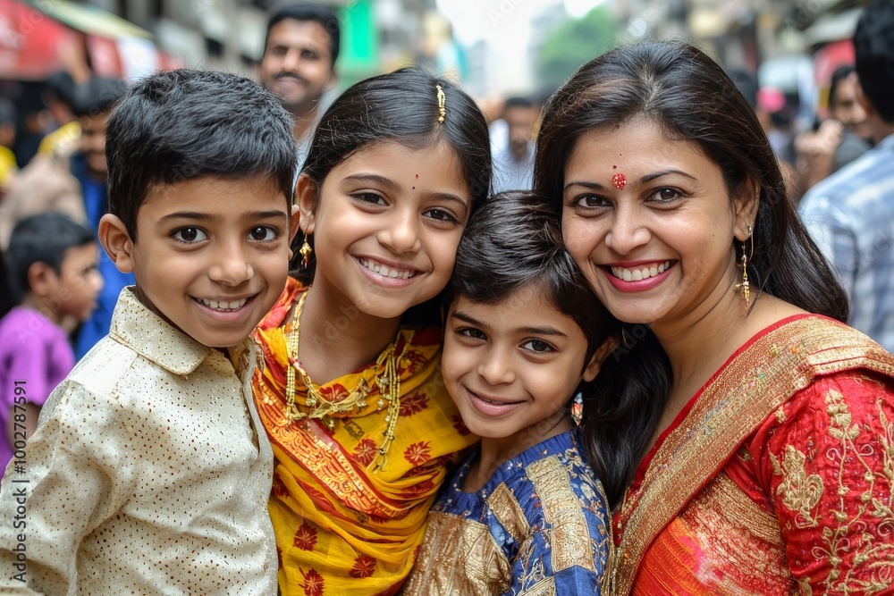 A family celebrating the Bengali New Year with traditional attire and ...