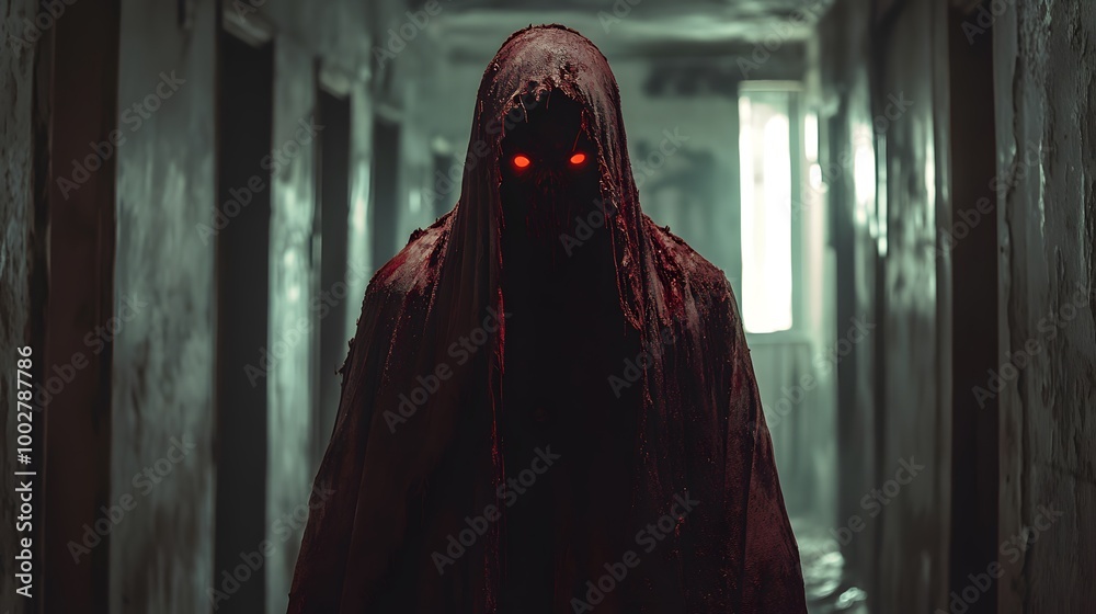 3. A horror figure wearing a torn cloak covered in blood with glowing ...