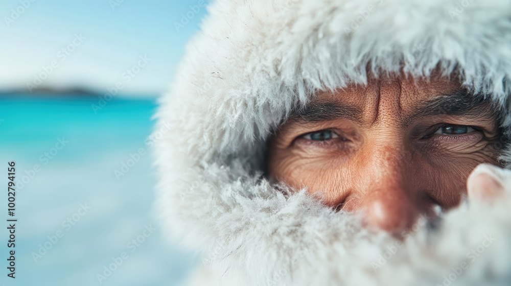 A rugged man with a lined face peeks from the furry white hood of a ...