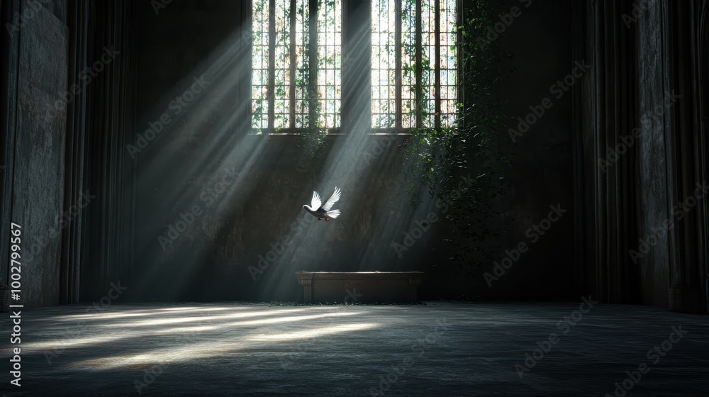 A quiet dove is seen in an ancient church, surrounded by dramatic light ...