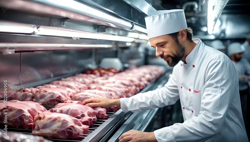 Professional butcher ensuring food safety by measuring temperature of ...
