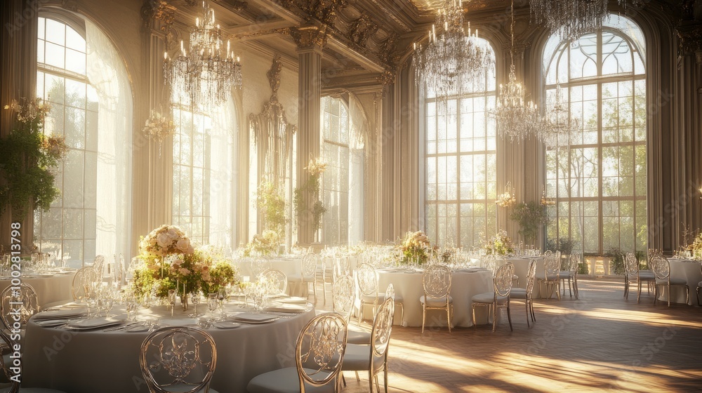 Exquisite table settings beneath majestic chandeliers in an elegant ...