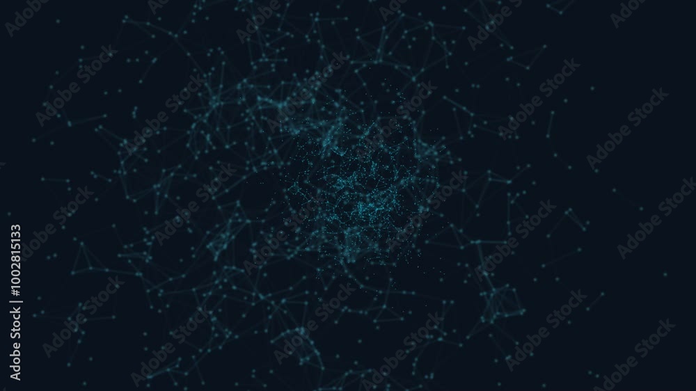 Futuristic plexus effect showing interconnected dots and lines on a black background ...