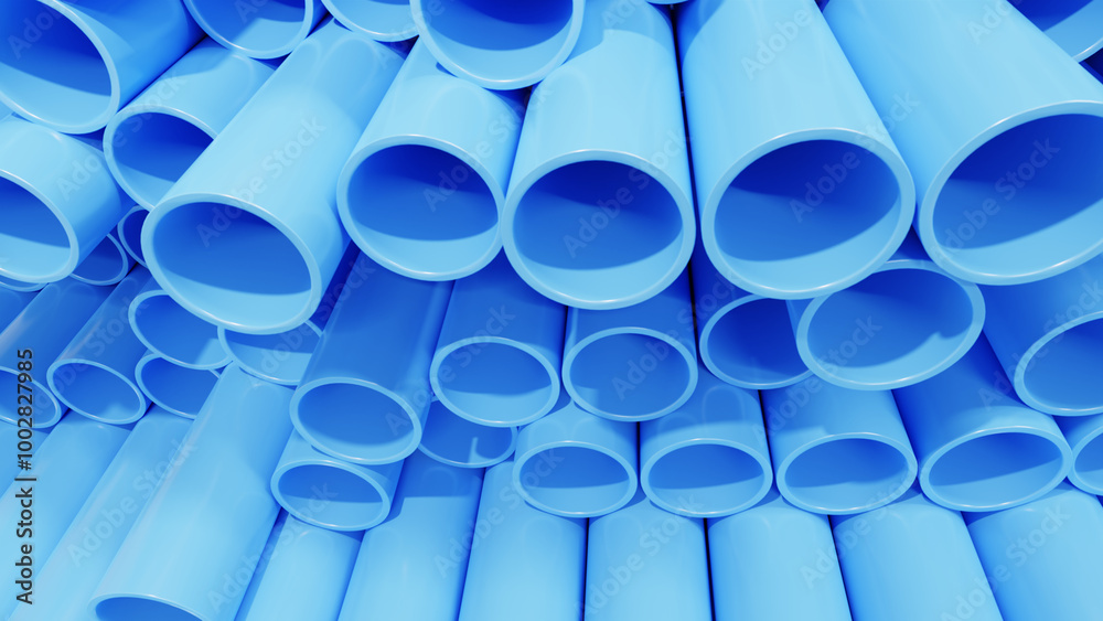 A close-up image of a stack of blue PVC pipes. The pipes are arranged ...