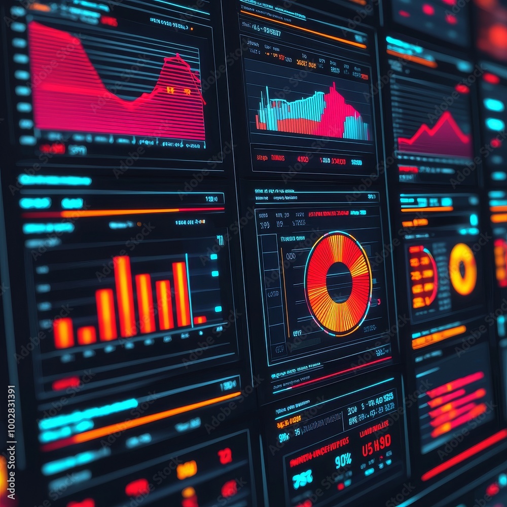Data visualization panels with colorful charts and graphs on dark ...