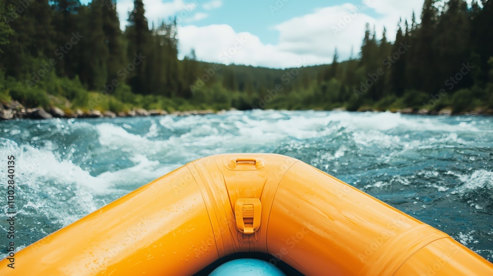 Raft riding over huge rapids in a river, water splashing high, lowangle ...