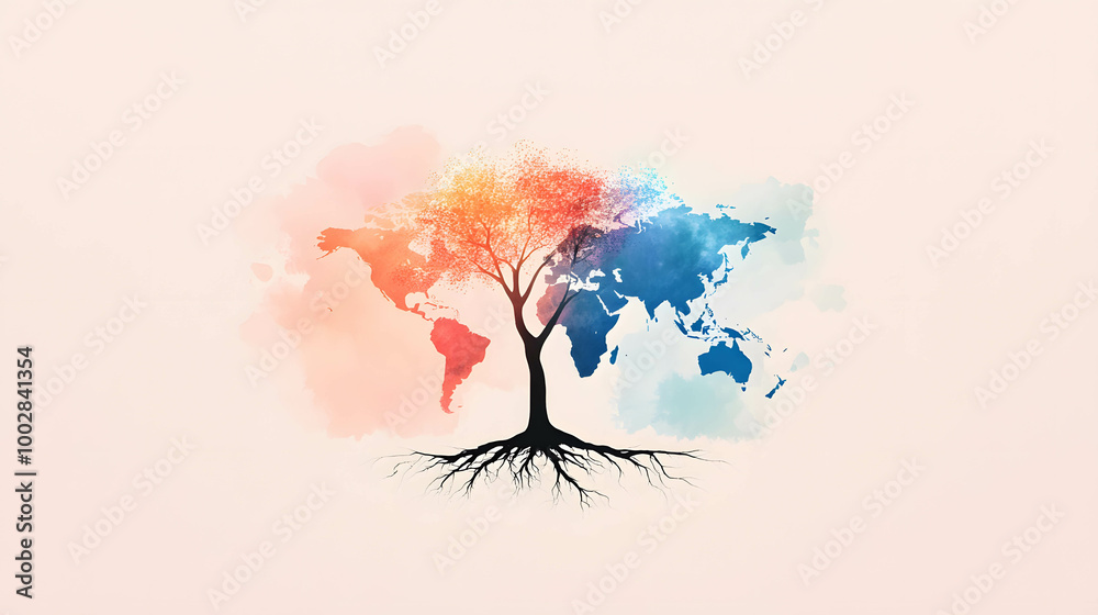 A tree with roots spreading across a world map and branches extending ...