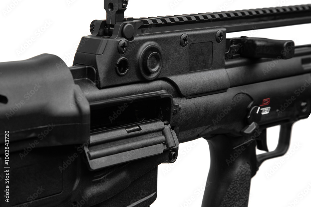 Close-up of the rifle's bolt. Modern carbine of the bullpup system ...
