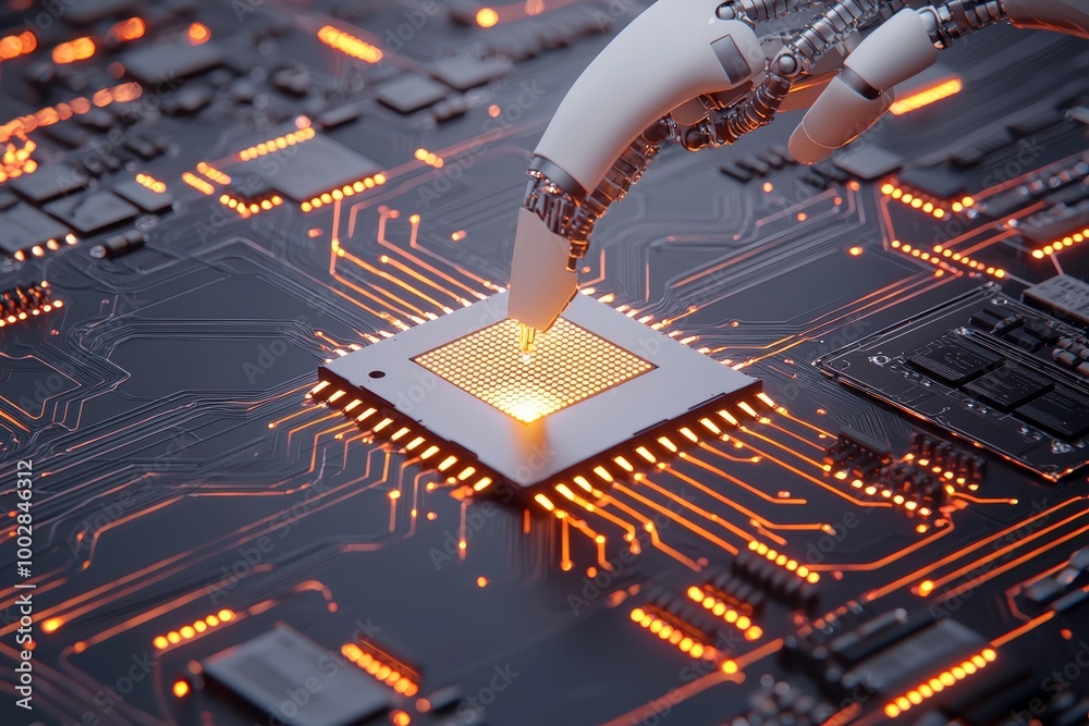 Advanced robotic assembler placing a microchip onto a glowing circuit ...