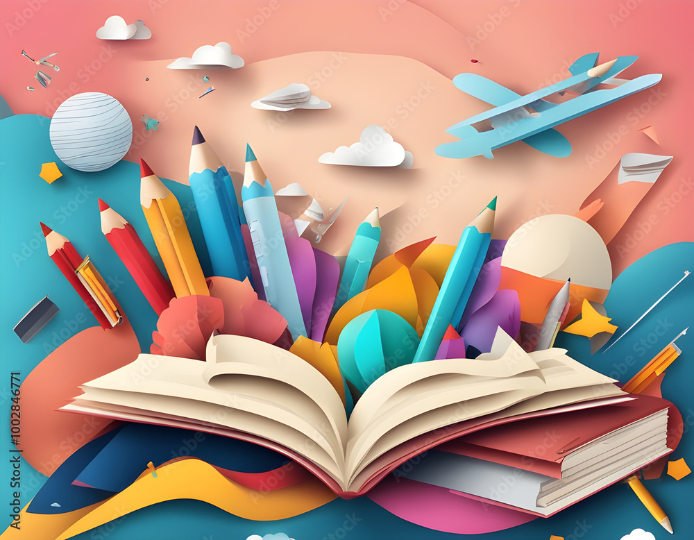 Back-to-school scene in papercut vector, with school supplies flying ...