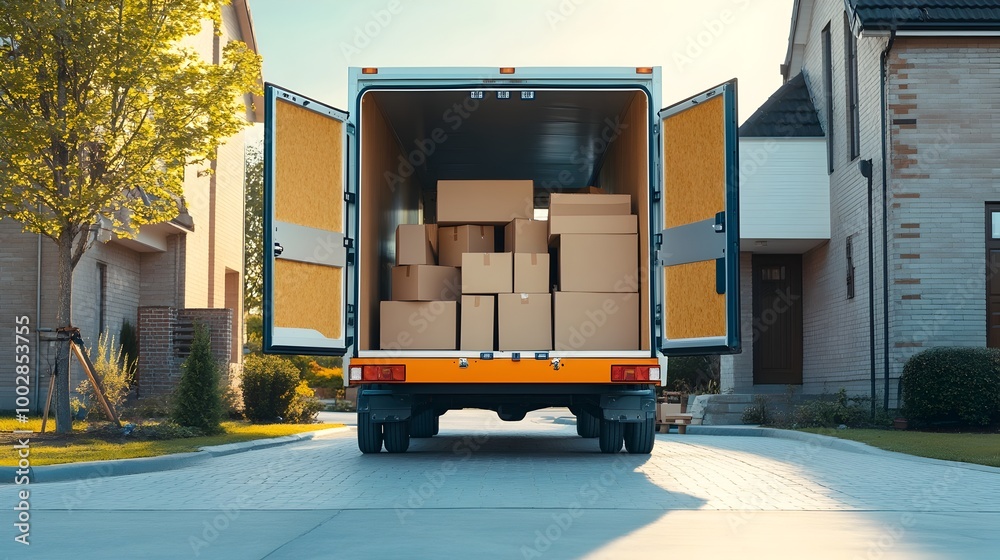 Moving Truck Parked in Driveway with Stacked Furniture and Neatly ...