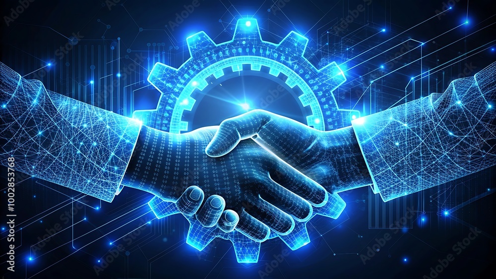 Tech Collaboration: Handshake Merging Gear and Code Icons for ...