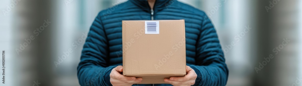 Courier scanning a tracking code on a package before delivery at a ...