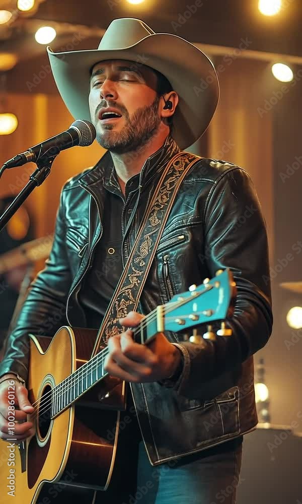 During an evening concert, a country music performer wearing a cowboy ...