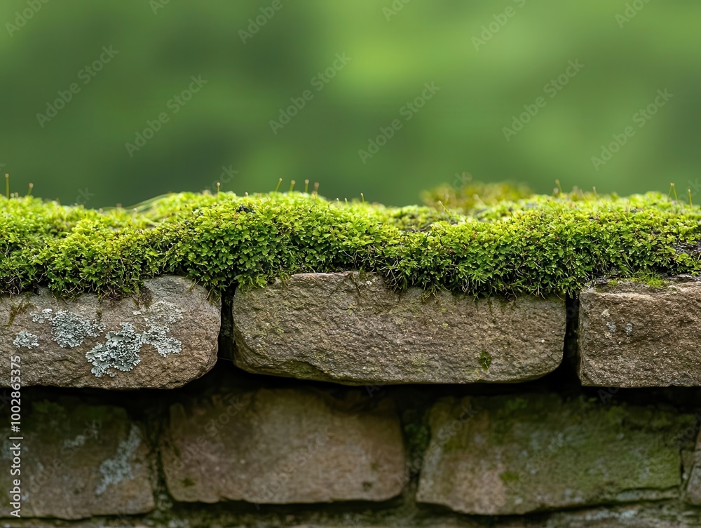 Moss growing in patterns on an old stone bridge, as nature reclaims the ...