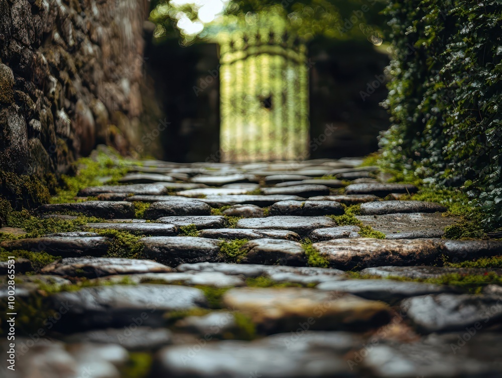 Moss-covered stones leading up to an old stone gate in a forgotten ...