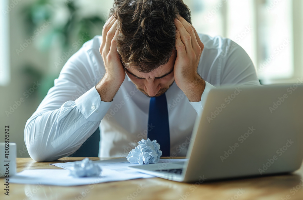 A photo of an employee at their desk, holding their head in despair as ...