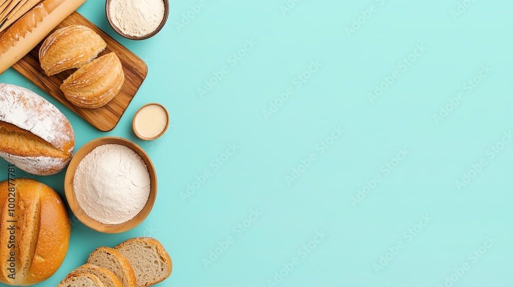 Bread production bakery flat design, top view, baking theme, water ...