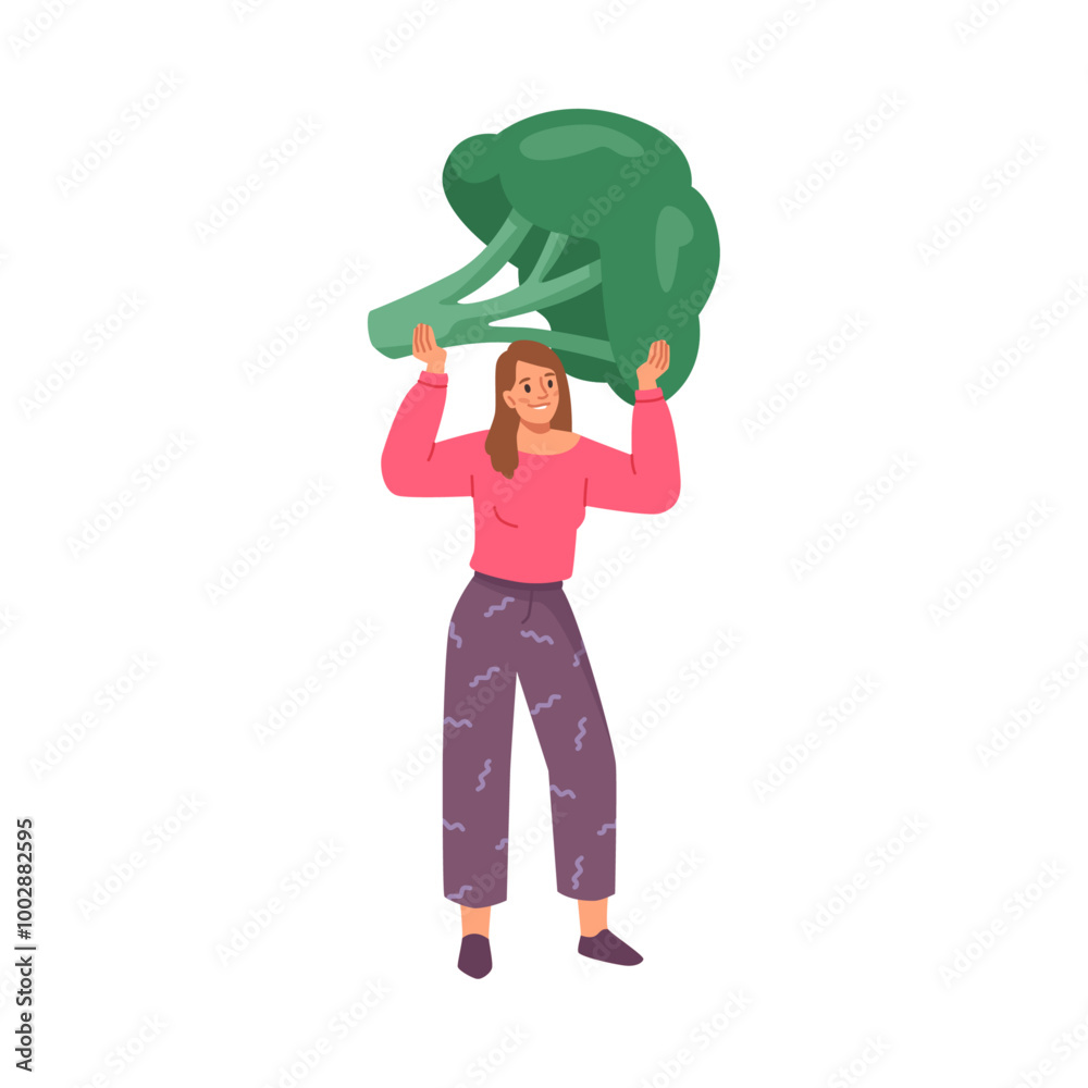 Tiny woman carrying vegetable broccoli, fresh food. Male with grocery ...