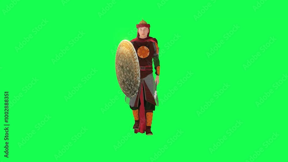 Ancient Iranian soldier with shield and spear walking isolated front ...