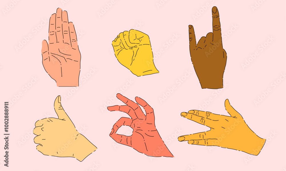Hand gestures set. Finger poses hand drawn design bundle. Palm, ok ...
