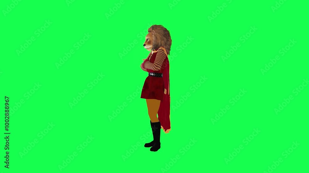 3d animated lion in red suit and cape waiting angrily green screen ...
