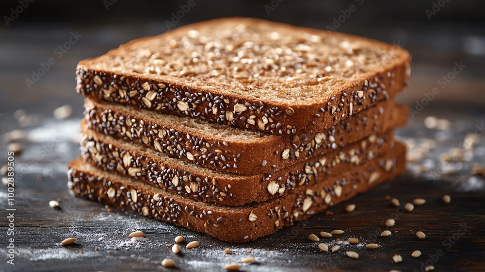 Crispy multigrain bread slices with seeds, placed on a rustic surface ...
