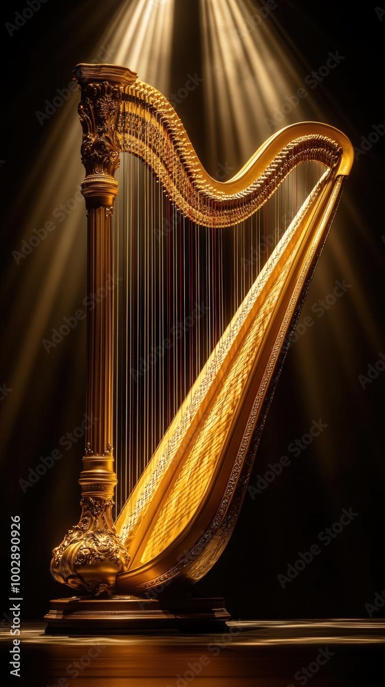 Craft a photorealistic image of a golden harp illuminated by a ...