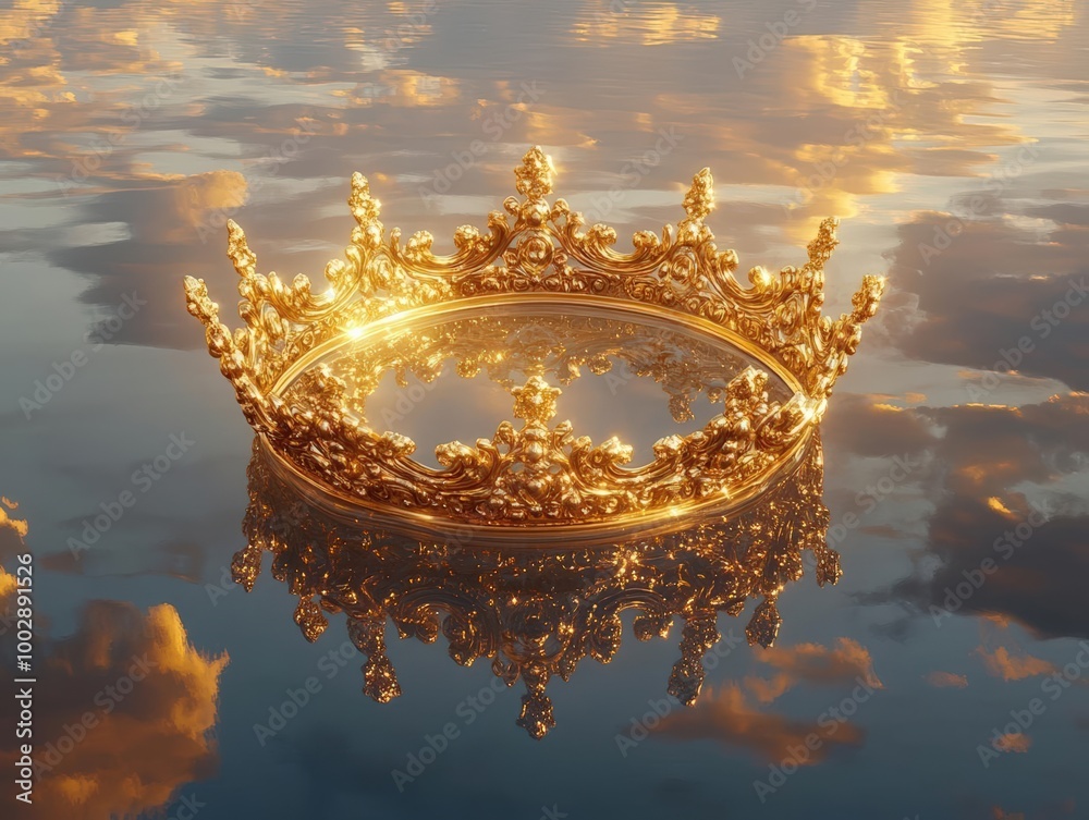 Craft an aerial vista showcasing a luminescent gold crown gleaming as ...