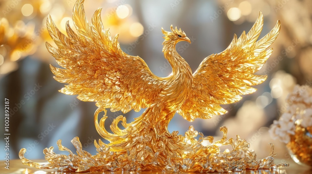 Create a shimmering gold phoenix sculpture, radiant and regal ...