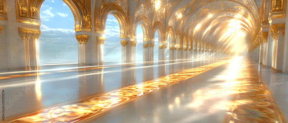 Golden Pathway to Heaven: A celestial hallway with golden arches and a ...