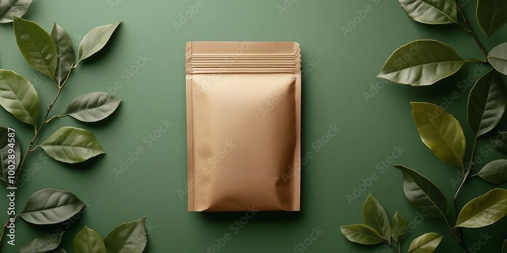 Gold packaging on a green background surrounded by leaves, highlighting ...