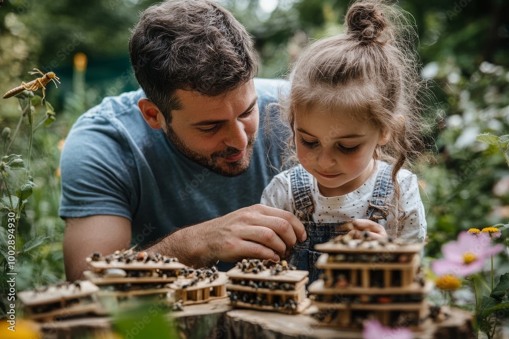 Father with daughter making bug hotel, or insect house outdoors in the ...