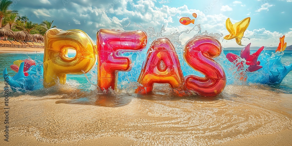 Colorful PFAS letters on a beach with ocean waves, representing the ...