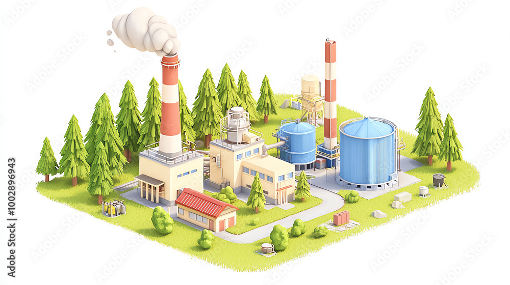 Isometric 3D model of a modern power plant, clean white background ...