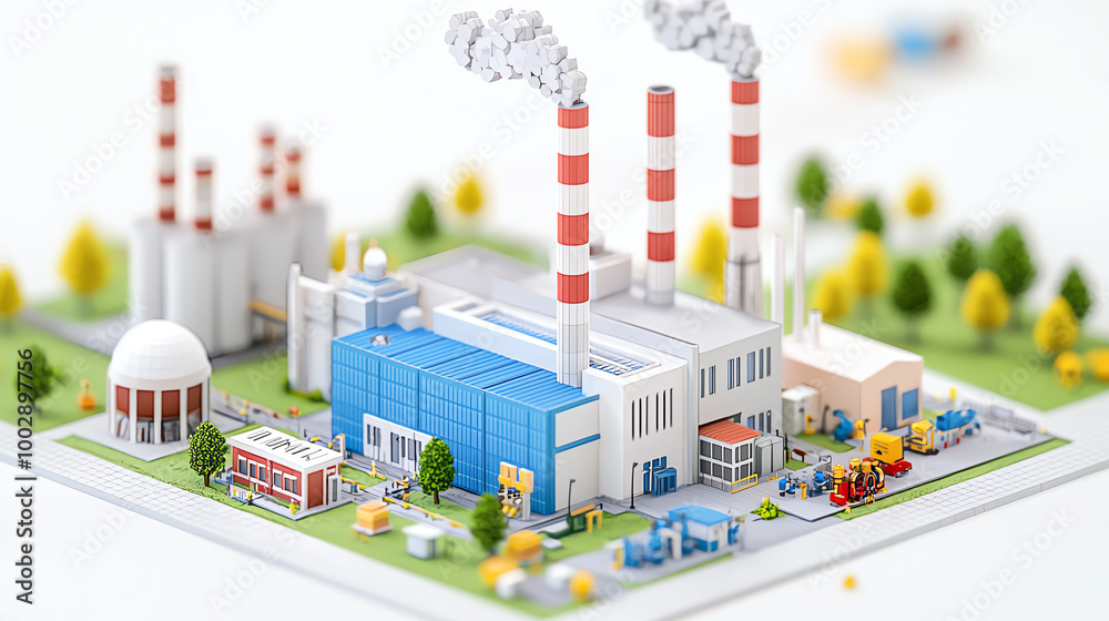 Miniature isometric 3D model of a nuclear power plant with cooling ...