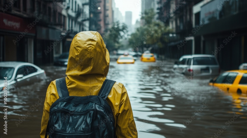 person in a yellow raincoat stands on a flooded street in New York City ...