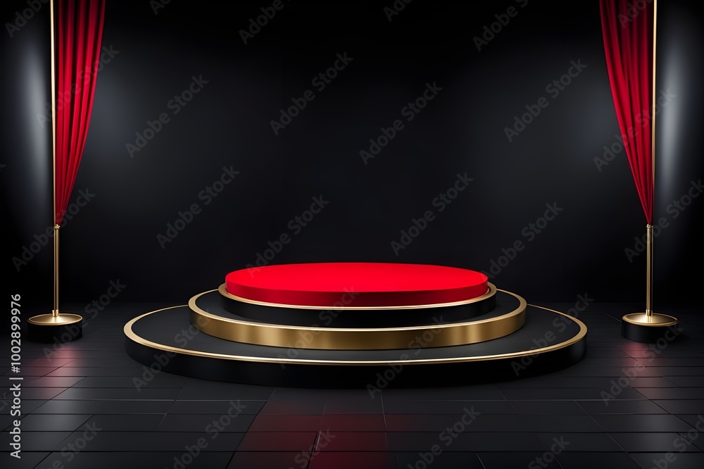 red, black and silver 3D cylinder podium background on golden easel ...