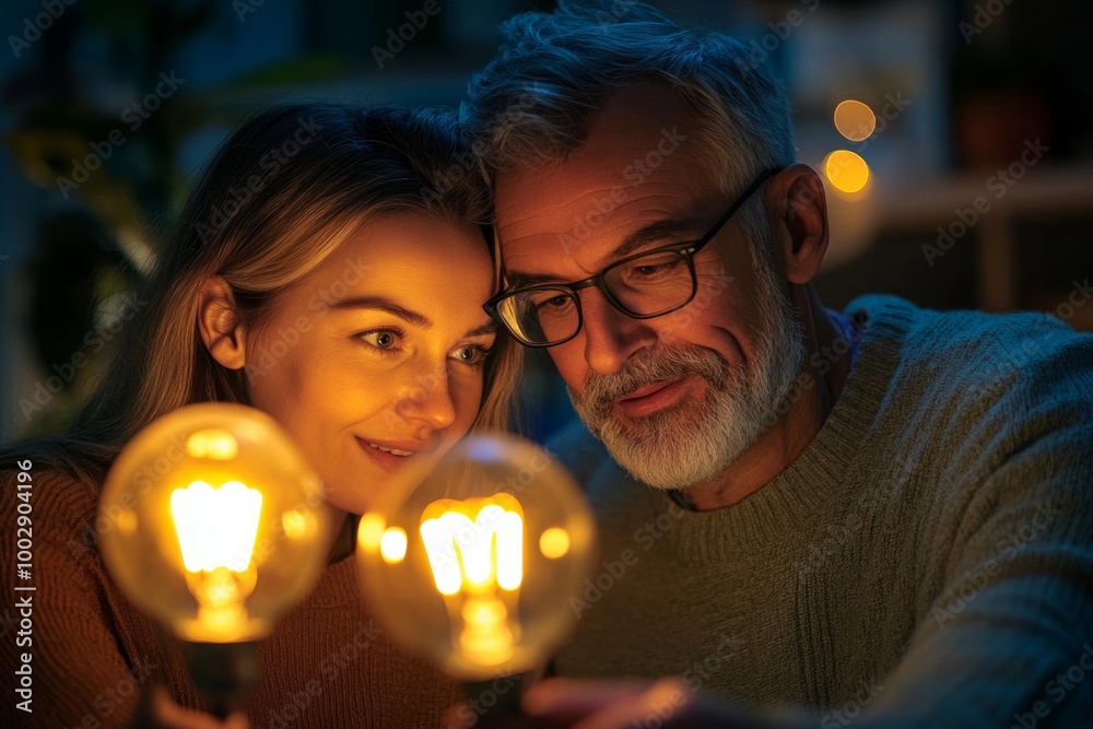 Mid adults couple changing light bulb indoors at home, relocation and ...