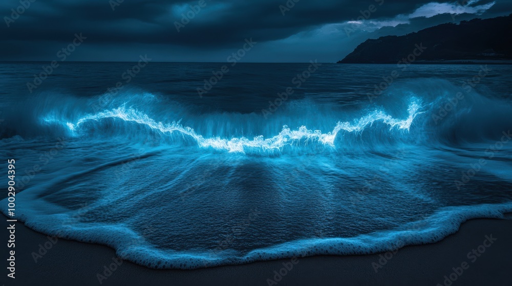 The ocean glows with vibrant bioluminescence as waves rise and fall ...