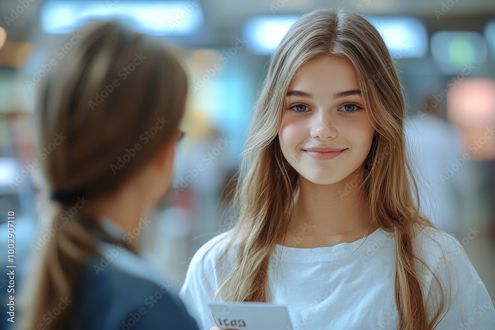Teenage girl showing her ID card to receptionist in hospital. Coming to ...