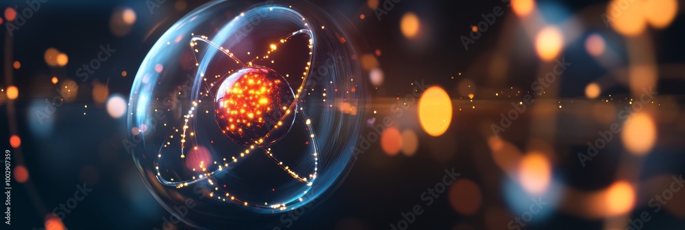 Visualization of atomic structure with electrons orbiting a nucleus, representing fundamental ...
