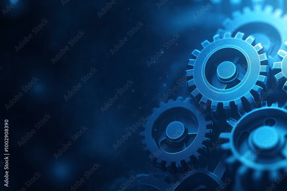 Blue gears and cogs on a dark background, a technology banner design ...