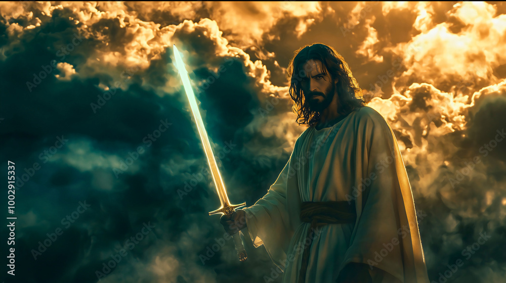 esus holding a radiant sword, calling people for battle, standing tall ...