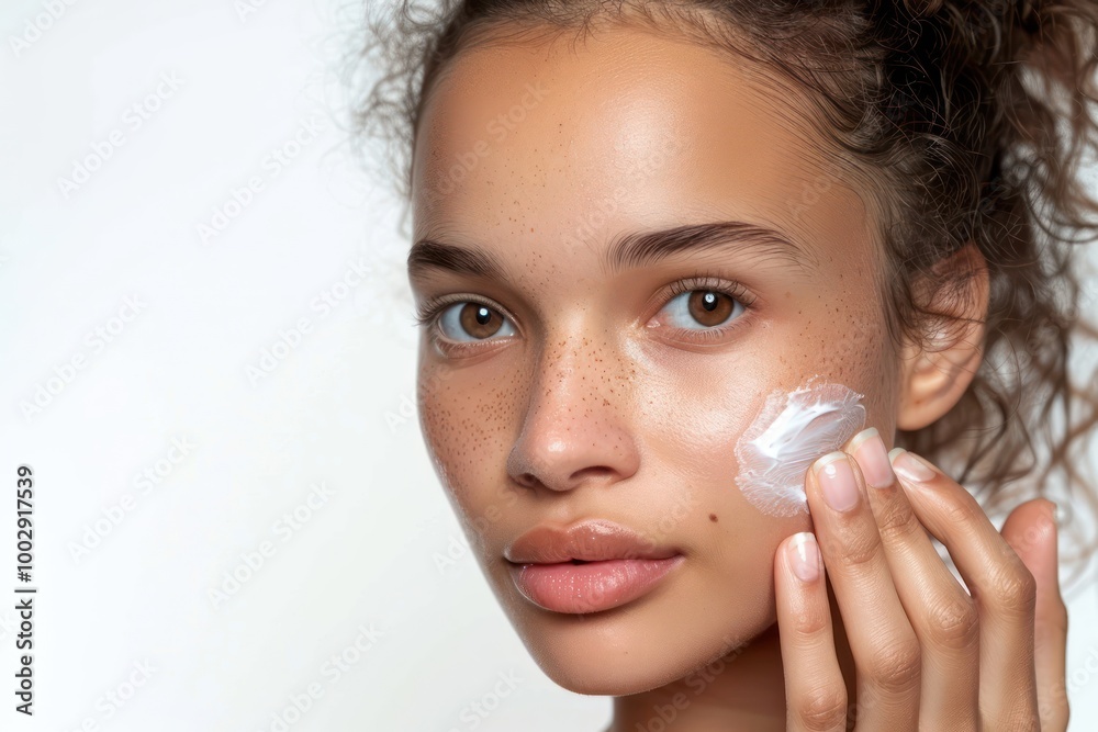 South American model woman applies moisturizing cream on her face in a ...